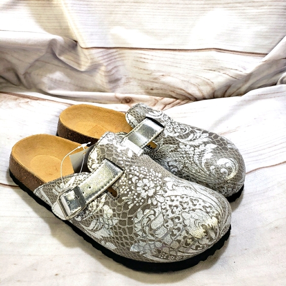 Birkenstock | Shoes | Birkenstock Betula Metallic Silver Floral Clog ...